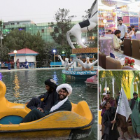 Afghan men smile as they ride in pedal boats under Taliban rule ...